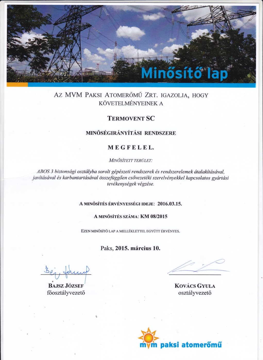 Sertifikat Nuklearne elektrane PAKS, Mađarska | TERMOVENT SC ...